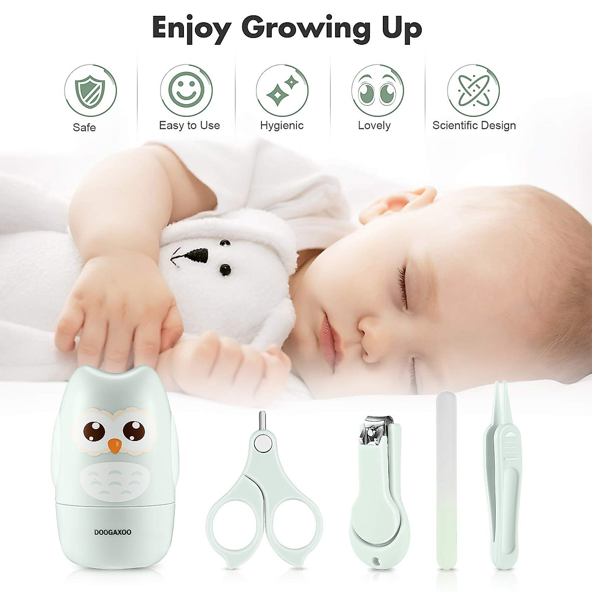 Baby Nail Clippers, 4-in-1 Safe Baby Nail Kit with Cute Case, Nail Clipper, Scissors, Tweezers, Nail File Set for Newborn, Infant, Toddler and Kids-Owl Green