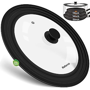 13-14-15in Universal Lid for Pots,Pans,Skillets,Large Replacement Frying Pan Cover,Big Cookware Lids,Tempered Glass with Heat Resistant Silicone Rim,Knob, BPA Free,Dishwasher Safe