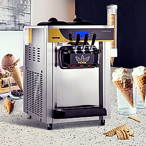 VEVOR Commercial Ice Cream Maker, 2x6L Hopper, 22-30L/H High Output, 2200W Soft Ice Cream Machine w/LCD Panel, Puffing & Shortage Alarm, Countertop Soft Serve Maker for Restaurant Home Party, Silver