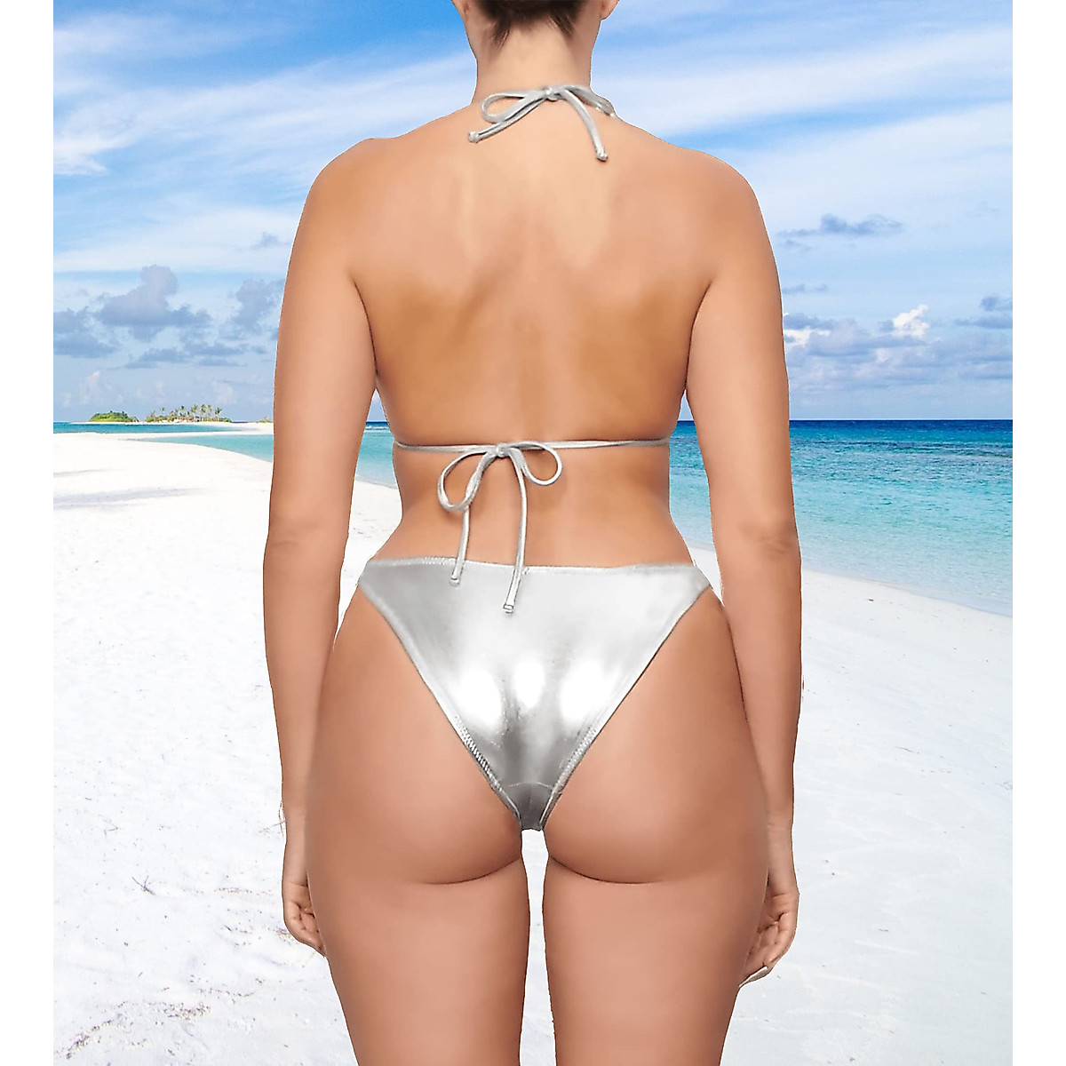 Women Metallic Bikini Swim Sexy Silver Swimsuit Triangle Top and Bottom Set(051,Silver,L)
