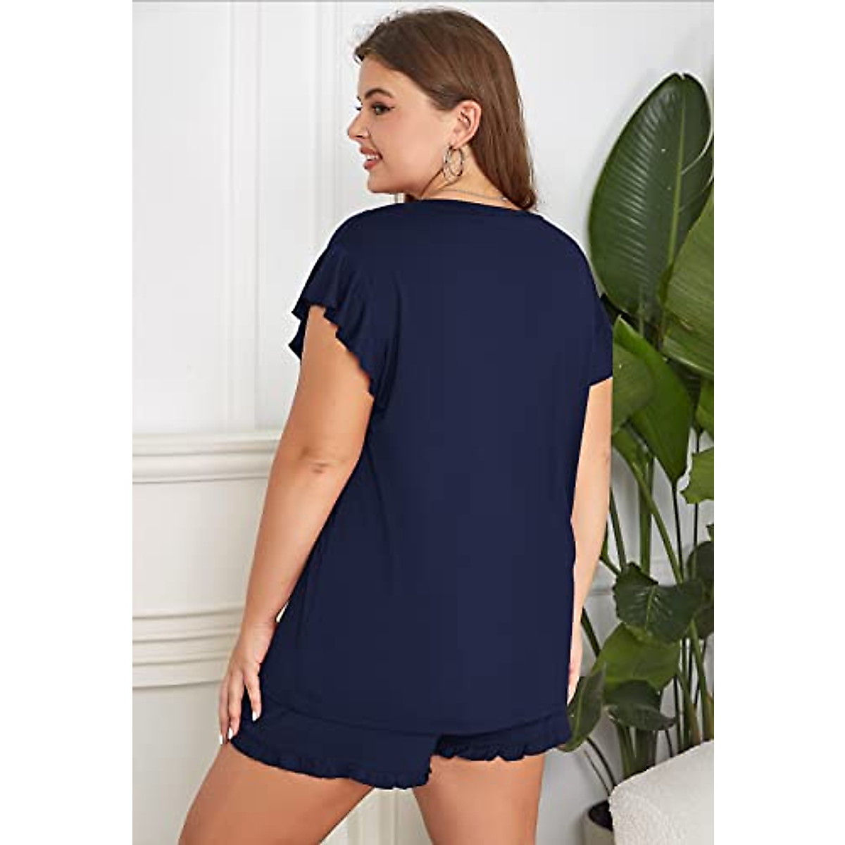 Celkuser Womens Plus Size Cute Short Pajama Set Ruffle Sleeve Button Sleepwear Soft PJs with Pocket CEL1002(cel1002,5XL,Navy)