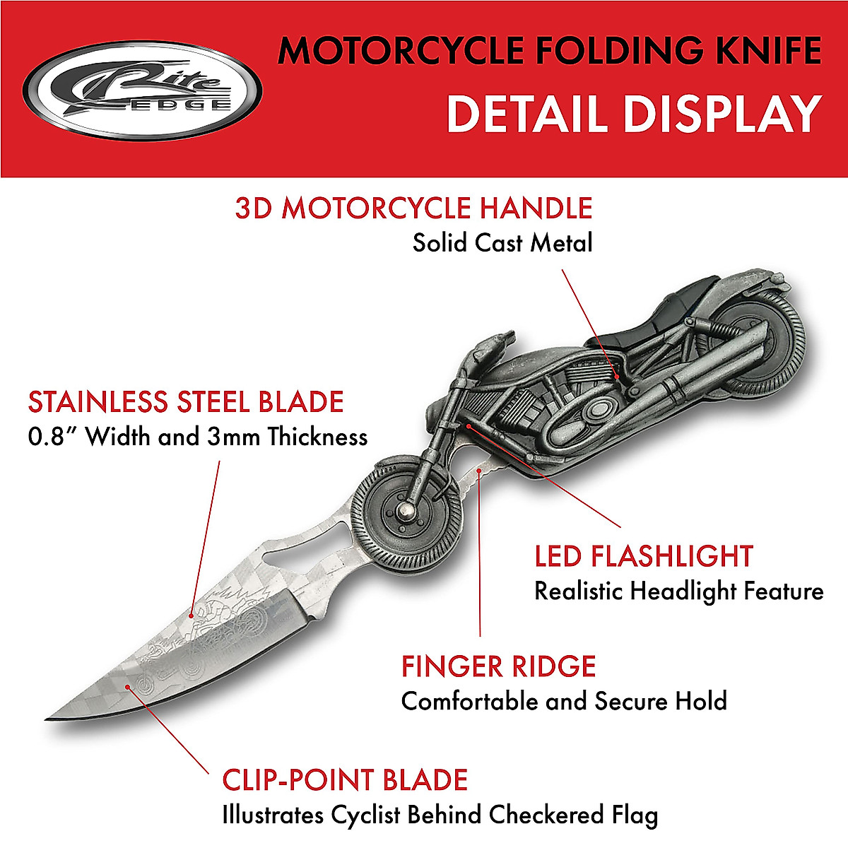 SZCO SUPPLIES 4.75” Motorcycle Handle With LED Headlight Flashlight Gift Folding Knife
