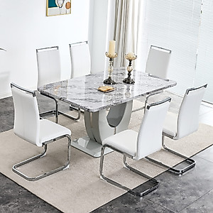 63" Marble Dining Table for 6-8, Modern Rectangular Kitchen Table with Grey Faux Marble Tabletop and U-Shape Pedestal Base, Marble Pedestal Dining Table for Dining Room Kitchen Dinner