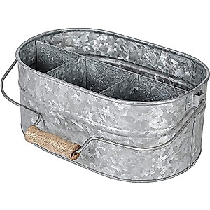 Goroly Home Galvanized Metal Caddy Storage Bin with Wooden Handle, 4 Compartments, Rustic Farmhouse Decor for Kitchen, Garden, Patio, Laundry Room (Antique Grey)