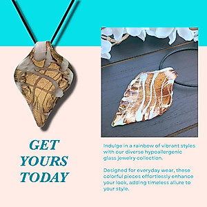 BESHEEK Handmade Murano Inspired Blown Abstract Glass Lampwork Art Pendant Necklace for Women Handcrafted Artisan Hypoallergenic Italian Style Jewelry (Goldtone Leaf Glass)