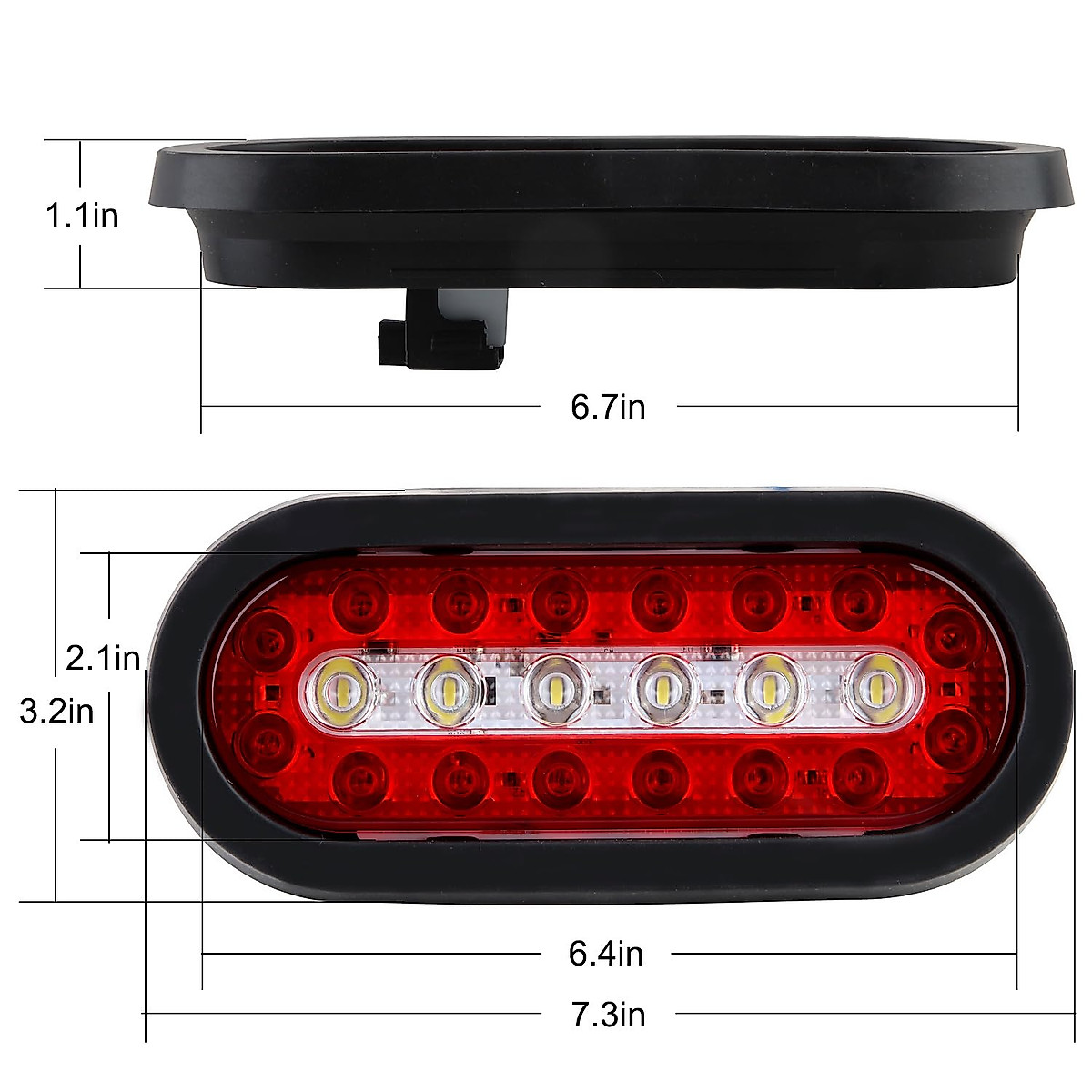 4Pcs 6.4 Inch Oval Led Trailer Tail Lights with Backup Reverse Lights, Oval Red Trailer Stop Turn Tail Lights and White Oval Trailer Backup Lights 22 LED w/Rubber Grommets and 3-Prong Wire Pigtails