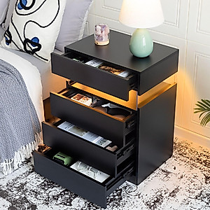 Bingoday Night Stand with 4 Drawers Large LED Nightstand Black Night Stand for Bedroom Modern Bedside Tables for Bedroom, Living Room (Black)