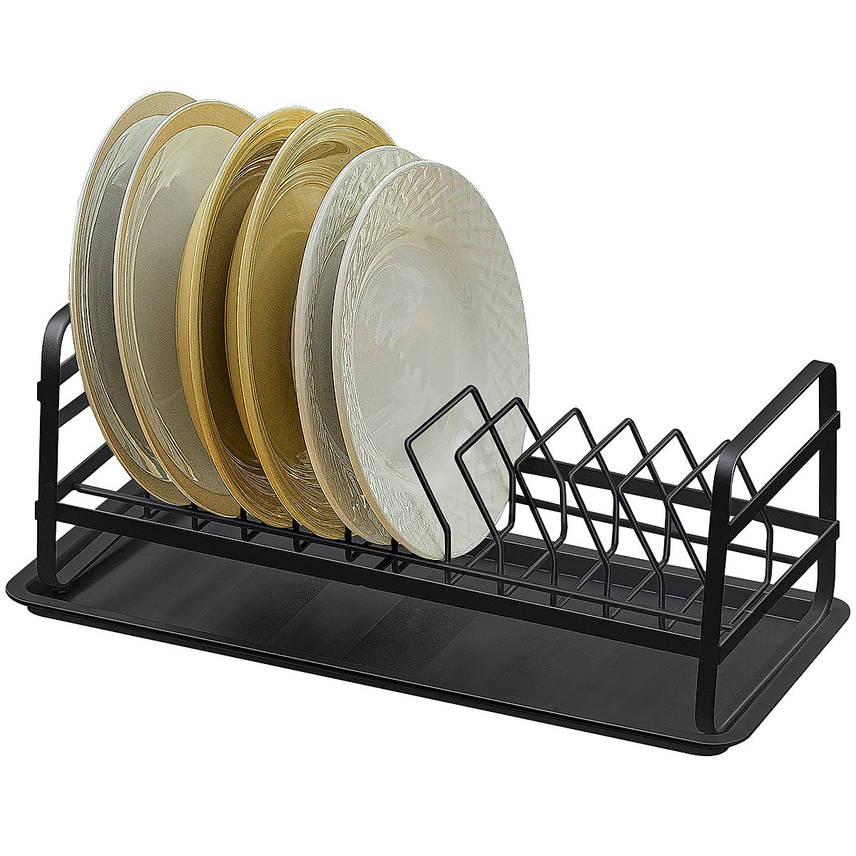 Poeland Dish Drying Rack with Drain Pan, Plate Pot Lid Holder and Dish Drainer for Kitchen Counter Cabinet
