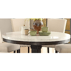 Acme 7PC Round White Marble Top Weathered Black Finish Wood Dining Table Set
