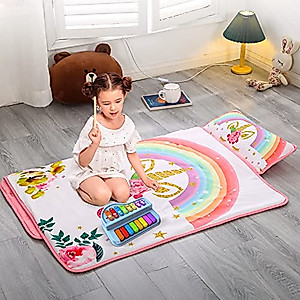 Wowelife Toddler Sleeping Bag Unicorn Toddler Nap Mat with Removable Pillow for Boys Girls Daycare Preschool Kindergarten,Carry Handle with Straps Closure, 50 * 20 Inch(Pink)