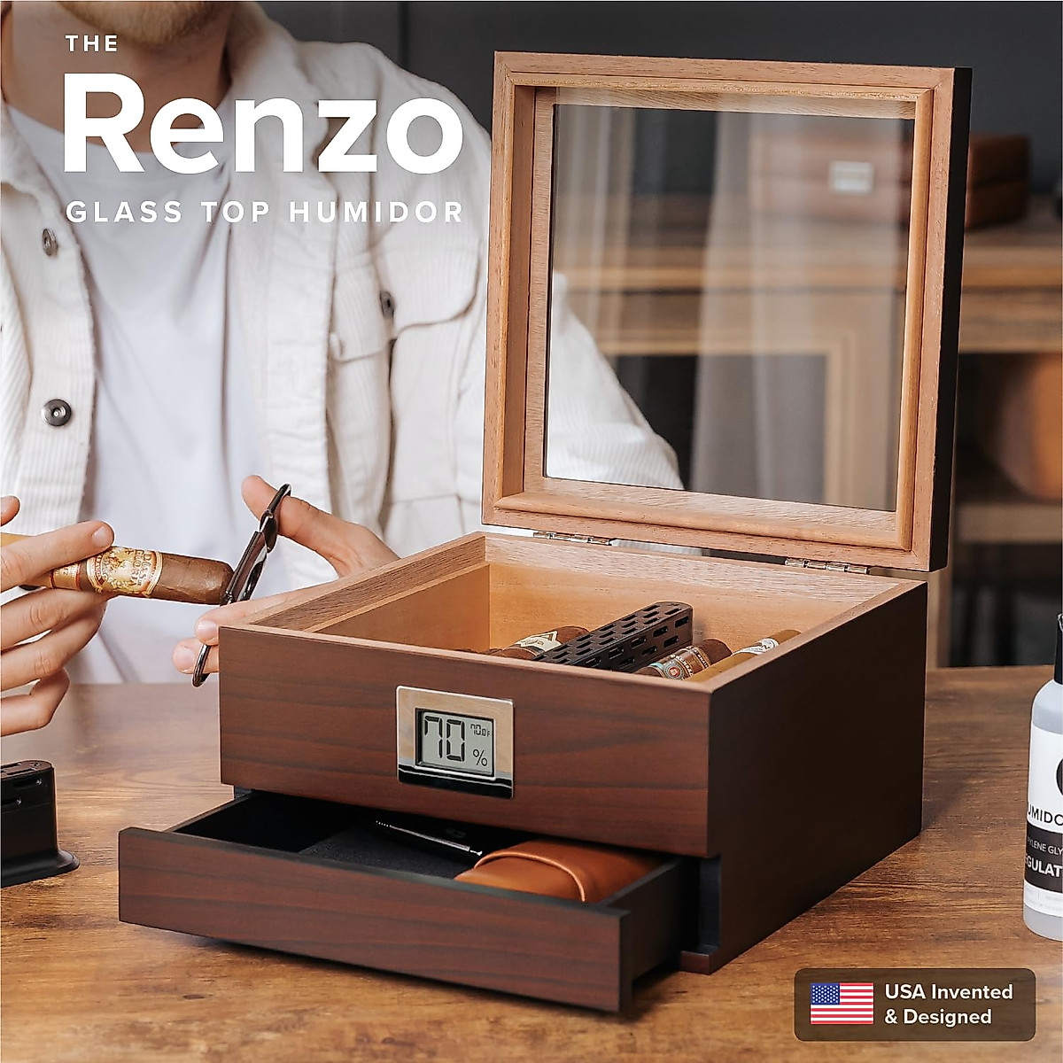 CASE ELEGANCE Glass Top Humidor with Thick Cedar, Easy humidification System, Accurate Digital Hygrometer - Renzo, Brown