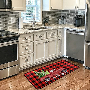 Christmas Tree Red Truck Kitchen Rugs Buffalo Check Plaid Winter Bath Rug Indoor Outdoor Doormat Runner Comfort Mat Non-Slip Carpet for Bathroom 39" X 20"