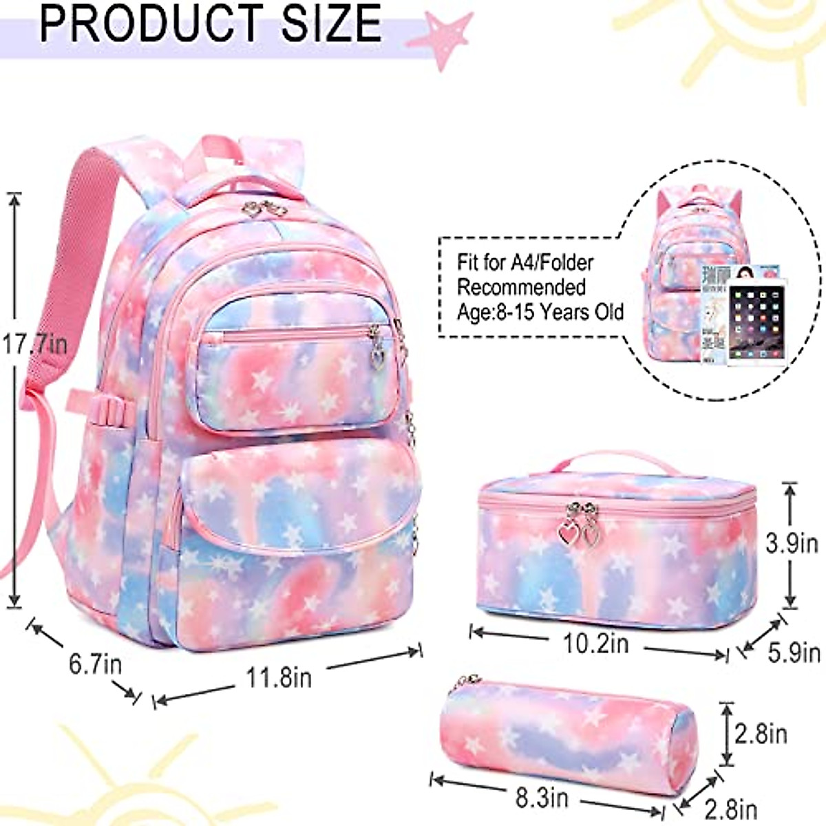 Robhomily Girls Backpack with Lunch Box for Elementary School & Middle School,17 Inch Purple Lightweight School Backpack with Lunch Bags Set for Girls