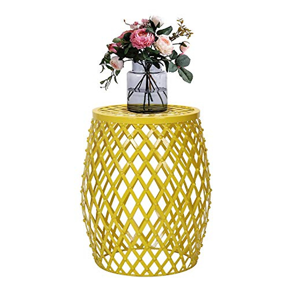 Adeco Hatched Diamond Pattern, for Indoor Outdoor Home Garden Accent Round Iron Metal Stool Side End Table Plant Stand Chair, Yellow