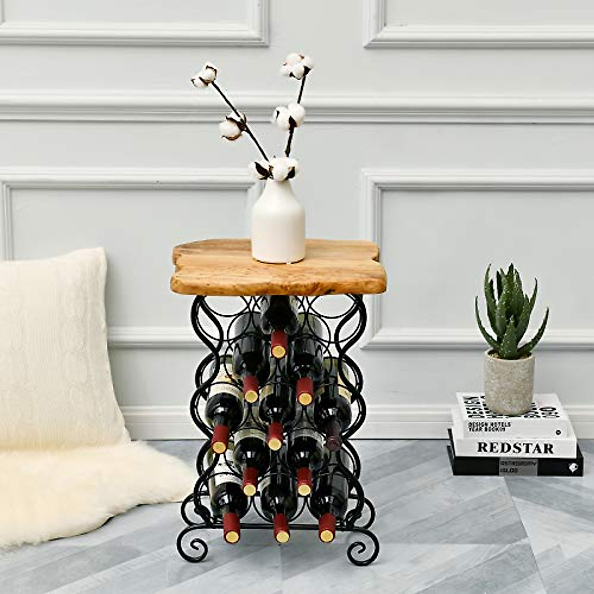 WELLAND Wine Rack End Table, Freestanding Small Wine Console Table, 13 Bottles Rustic Wine Stand Storage Organizer Display Rack | Metal & Natural Edge Cedar Wood Top | 13.8" W x 7.3" D x 20.1" H