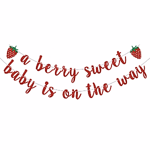 A Berry Sweet Baby is On The Way Banner, Strawberry Girl Baby Shower Party Decorations, Berry Sweet Fruits Themed Kids' First Birthday Party Supplies Red Green Glitter