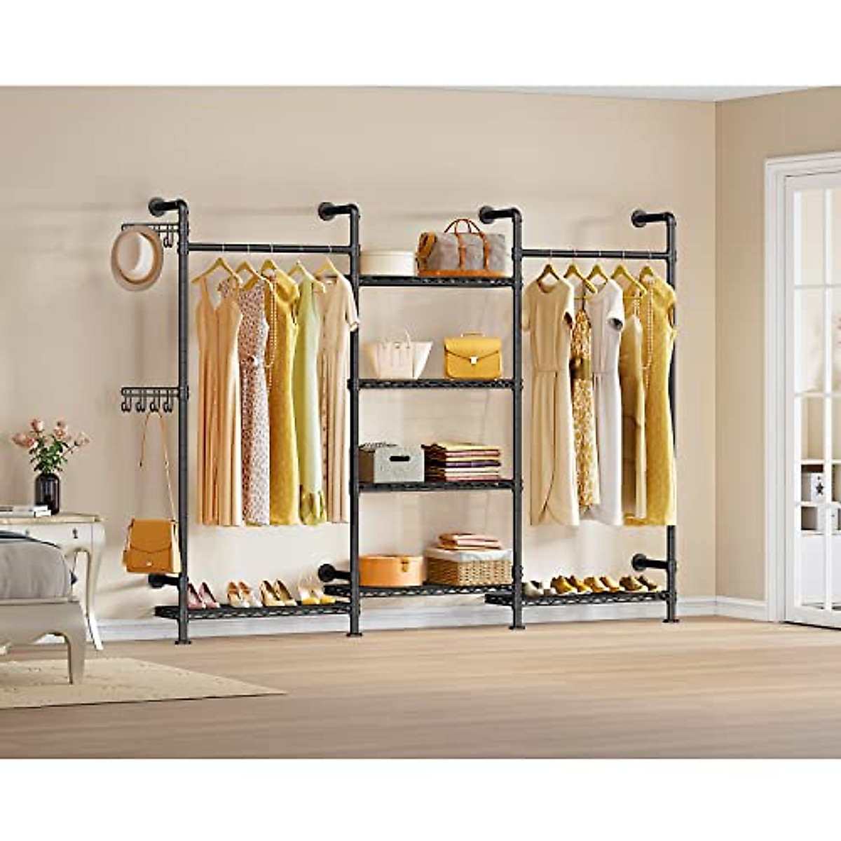 Timate F1 Pipe Clothes Rack Wall Mount Heavy Duty Closet Organizer System Hanging Closet Rack for Clothes, Closet Kit Walk in Closet Systems, Adjustable Storage Closet Shelves Wardrobe Closet, Black
