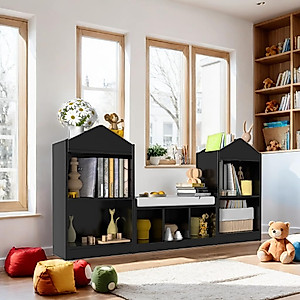 MHOM 68.9“ Kids Bookshelf with Reading Nook, Toy Storage Organizer with Seat Cushion and 7 Storage Cubbies, Wooden Kids Bookcase, Toy Organizers and Storage for Nursery, Playroom, Black