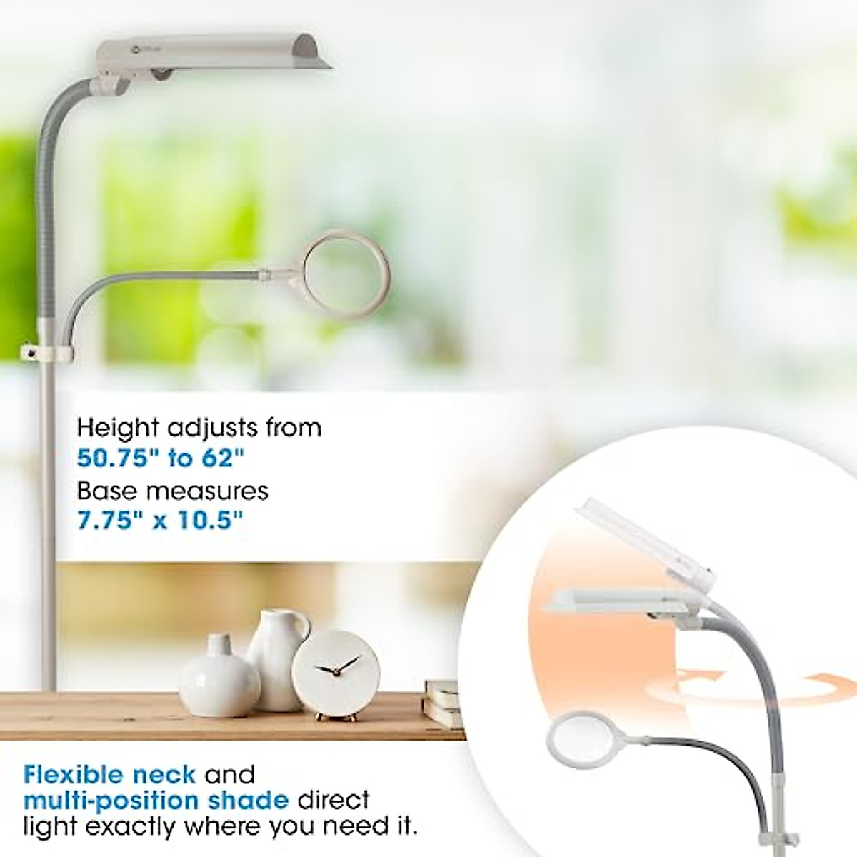 OttLite 18w EasyView Standing Floor Lamp with Optical Grade 3X Magnifier Attachment Arm & Flexible Neck - Wide Wing Shade with Modern Design for Crafting, Work, Office, Dorm Room, Sewing & Reading