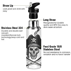 Yasala Water Bottle Pirate Skull Sword Grey Coffee Thermos Stainless Steel Insulated Beverage Container 20 oz with Straw Lid BPA-Free for Sport, Travel, Camping, Back to School
