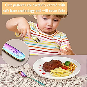 Berglander Rainbow Toddler Utensils 4 Pieces Colorful Titanium Plating Kids Silverware Set, Children Safe Forks and Spoons Flatware, Mirror Polished Smooth Round Edage Cutlery Sets, Dishwasher Safe