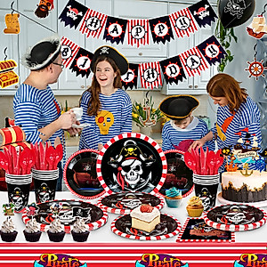 Pirate Birthday Party Supplies,161pcs Pirate Party Decorations&Tableware Set-Pirate Haging Swirln&Pirate Plates Cups Napkins Tablecloth Banner Balloons etc Pirate Birthday Party Decorations for Boys