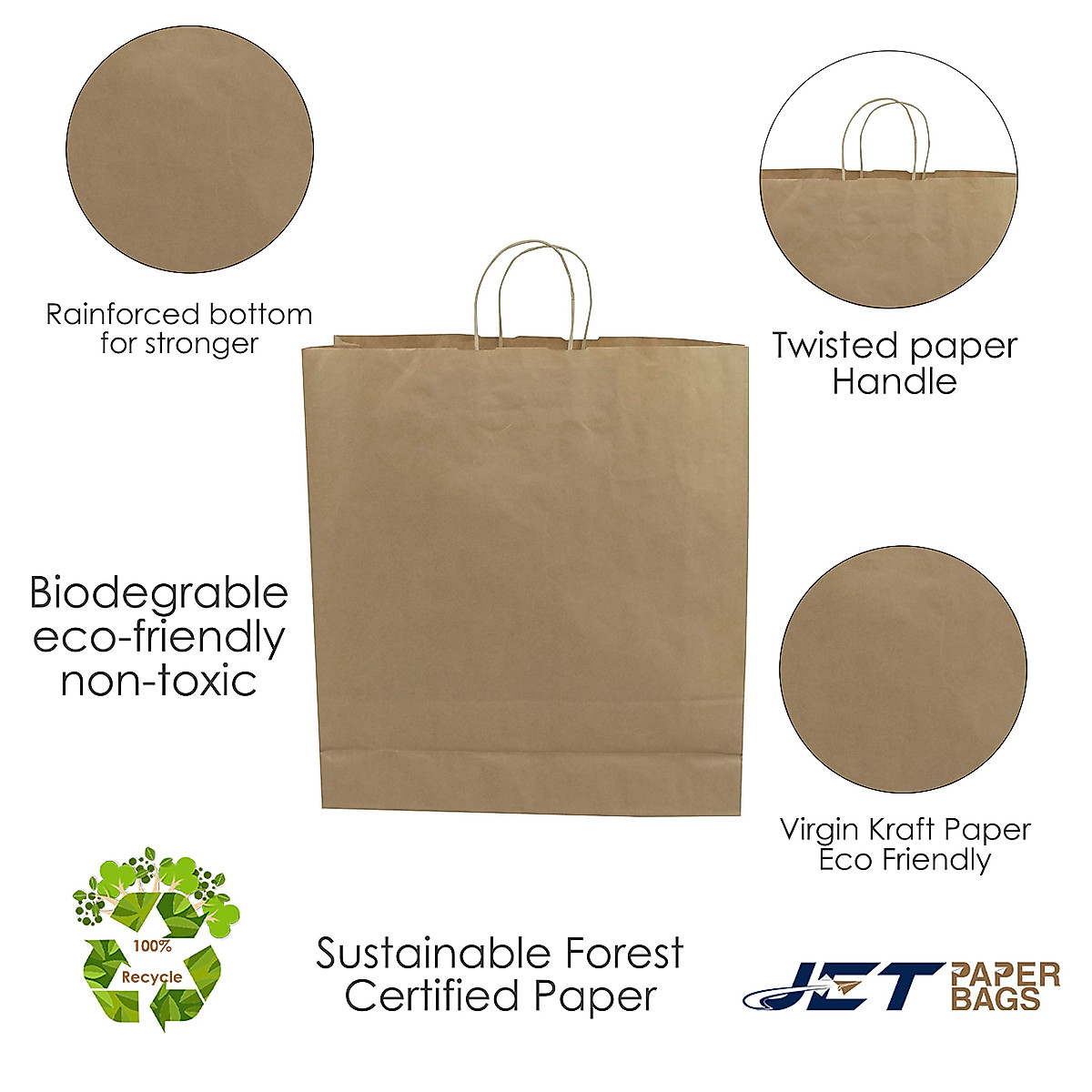 JET PAPER BAGS - 18x5x19.75 Inch [50 Pcs] Large Brown Paper Bags with Handles Prime for Takeout, Grocery, Goody, Retail, Party, Gifts, Weddings - Recyclable Kraft Paper Gift Bags with Handles