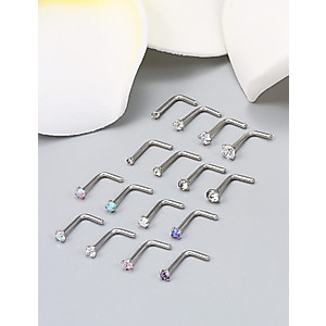 Vsnnsns 18G Opal Nose rings L Shaped Nose Studs Surgical Stainless Steel 1.5mm 2mm 2.5mm 3mm CZ Nose Rings Studs Silver Nose Rings for Women Men Girl Nose Nostrial Piercing Jewerly CZ Opal 2MM 16Pcs