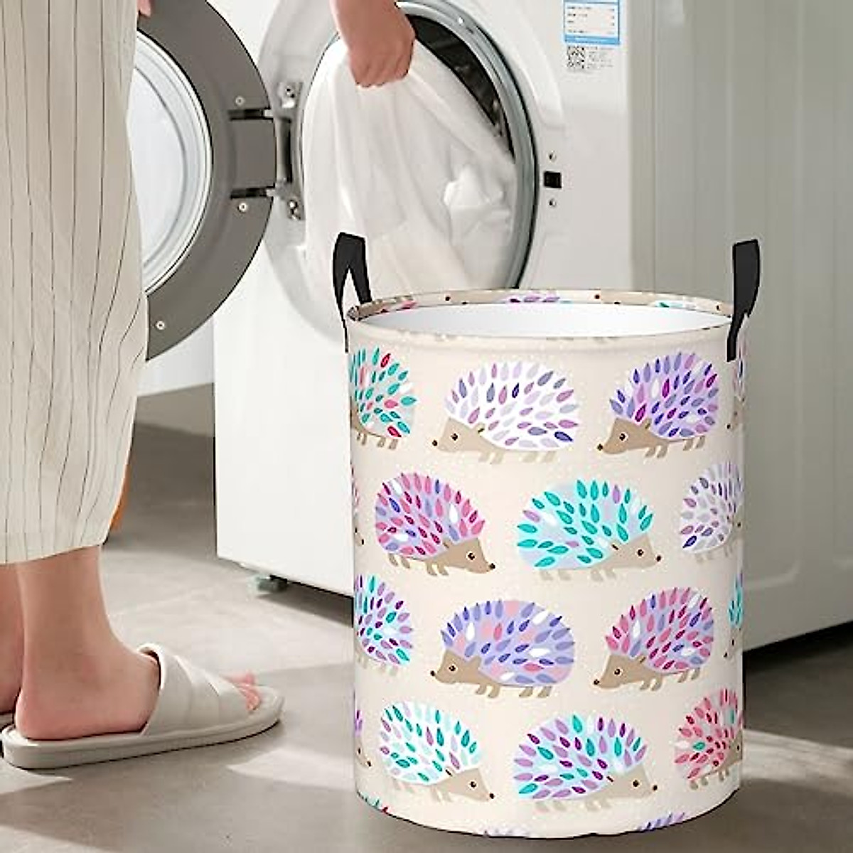 Hedgehog Polkadot Laundry Basket Protable Circular Laundry Hamper Storage Bin Organizer With Handles For Bathroom,Bedroom Clothes