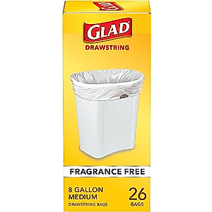 Glad Medium Drawstring Trash Bags, 8 Gallon, White, Fragrance Free, 26 Count, Pack May Vary