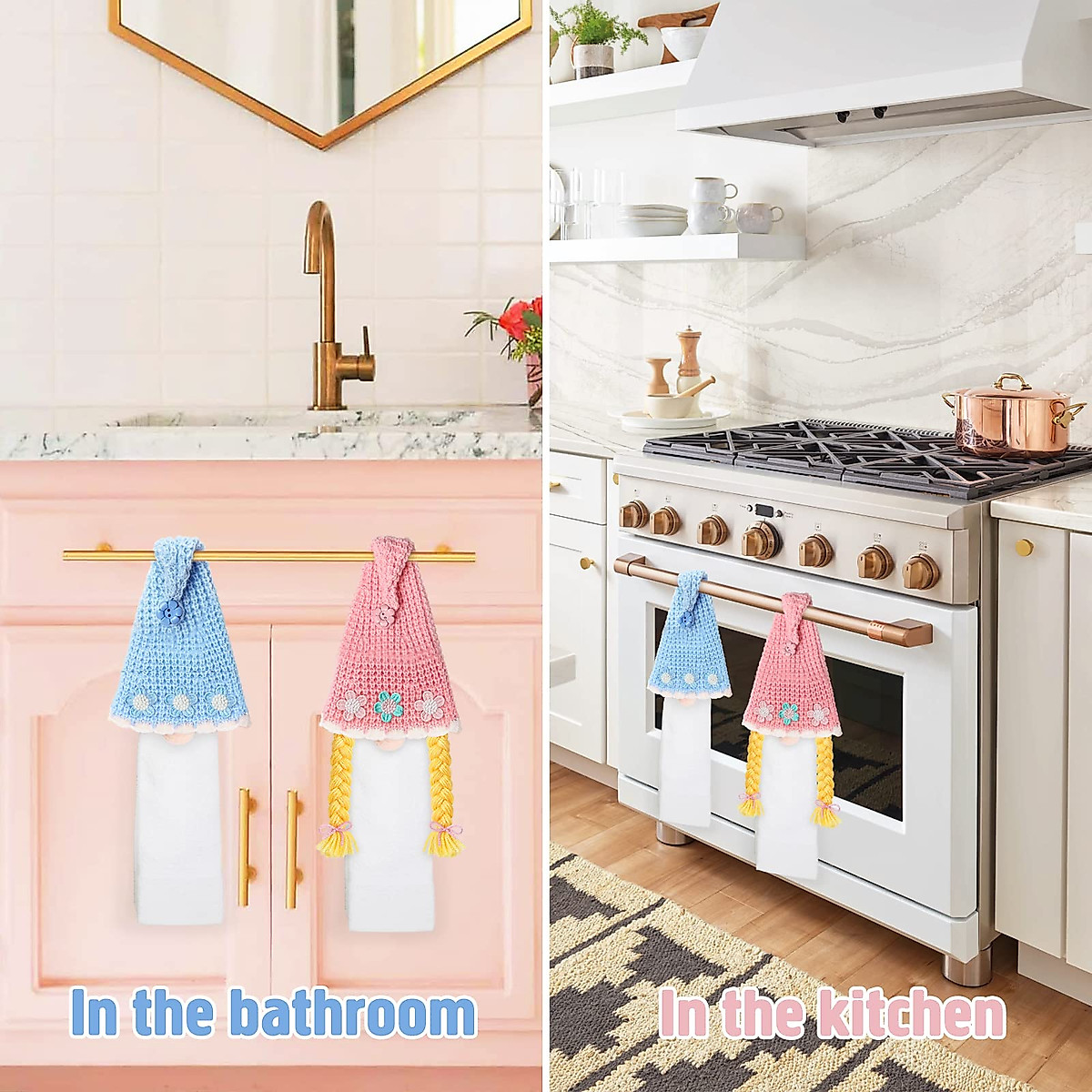 Vansolinne Spring Crochet Towel Toppers Crochet Hanging Towel Holders Spring Gnome Flowers Decorative Kitchen Towel Hangers for Tea Hand Towels Crochet for Easter Mother's Day New Home Gift 2PCS