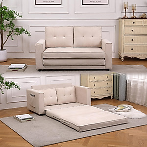 MATONELL 3-in-1 Upholstered Futon Sofa Convertible Floor Sofa Bed,Foldable Tufted Loveseat with Pull Out Sleeper Couch Bed,Folding Mattres Love Seat Daybed W/Side Pockets for Living Room,Beige