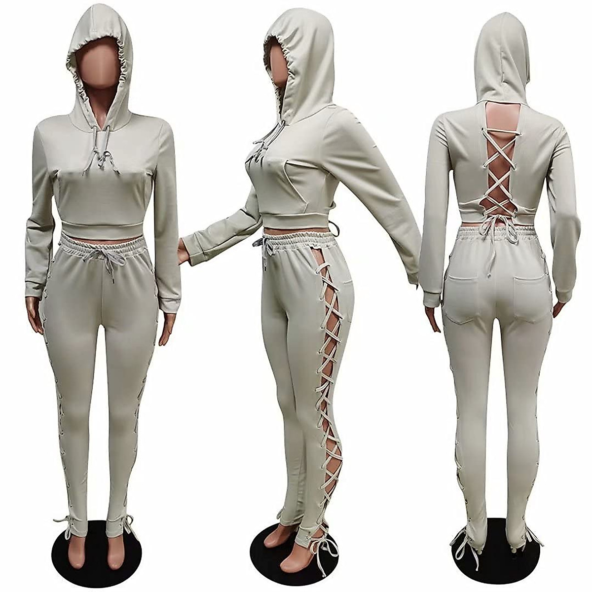 Track Suits for Women Lace Up Hoodie Crop Top and Bandage Long Pants Sets Two Piece Outfits Matching Jumpsuit Party Grey Small