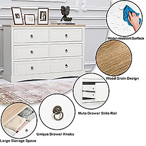 AILEEKISS White Dresser for Bedroom Modern 6 Drawers Dresser with Metal Handles Wood Storage Chest of Drawers for Bedroom, Living Room, Hallway, Entryway, Closet (Natural White)