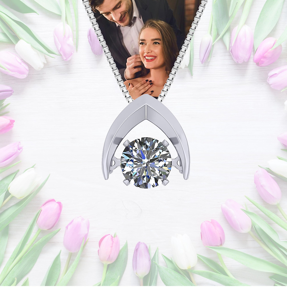 Central Diamond Center Omega Dancing Stone Necklace Sterling Silver & Pure Brilliance Zirconia - Platinum Plated