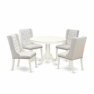 East West Furniture HLFO5-LWH-44 5 Piece Dining Table Set for 4 Includes a Round Kitchen Table with Pedestal and 4 Light Grey Faux Leather Parson Dining Chairs, 42x42 Inch, Linen White