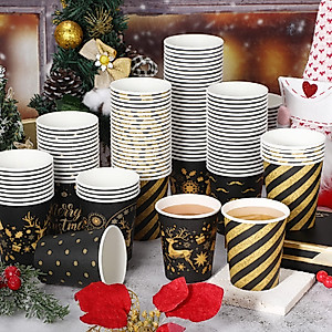 Roowest 144 Pcs Christmas Cups 9 oz Holiday Assorted Paper Cups Drinking Tea Disposable Christmas Coffee Cups for Hot and Cold Beverage Chocolate Xmas Party Supplies Daily Use, 9 Styles (Black Gold)