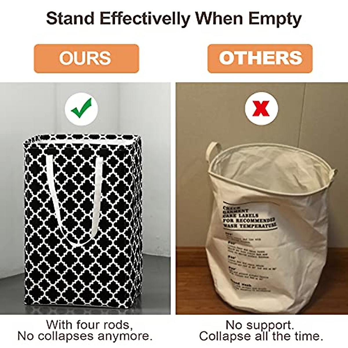 ELONG HOME Laundry Basket 2 Pack, Freestanding Laundry Hamper With Support Rods, Anti-dust Hampers for Laundry with Easy Carry Handles, Black