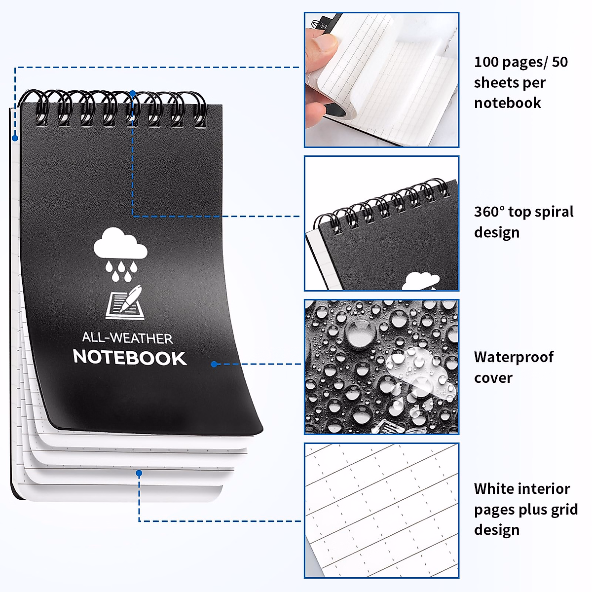 COIDEA Waterproof Notebook, Top-Spiral Pocket Notepad, 3" x 5" Weatherproof NotePad, All Weather Police Pocket Notebook Little Memo Steno Note Pads for Outdoor Office School Recording, Black