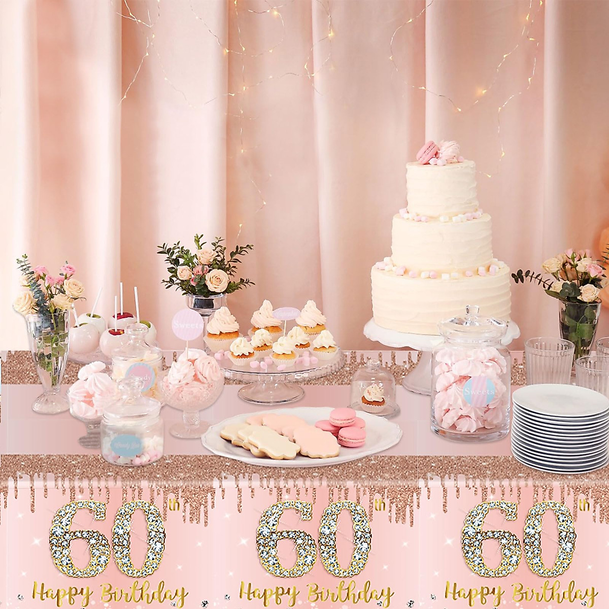 2PCS 60th Birthday Tablecloth Pink Rose Gold 60th Birthday Table Cover Happy 60th Birthday Decorations for Women Plastic Disposable 60th Birthday Table Cloth 60th Birthday Party Supplies (54"x108")