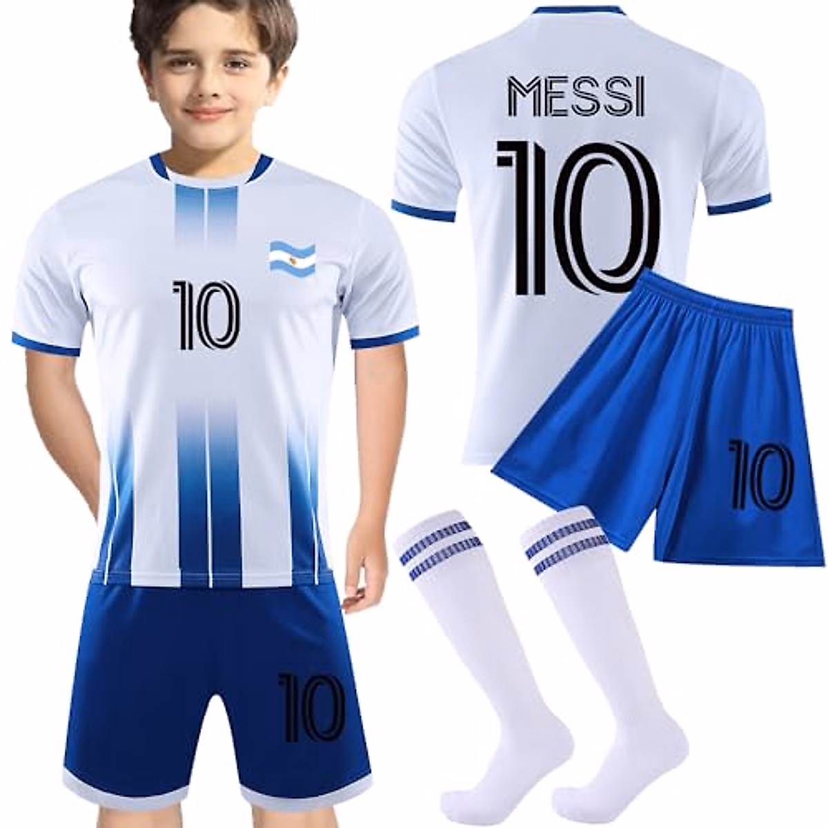 ELTONYA MESSii Argentina Soccer Jerseys for Boys Kids 2022 World Cup HOM/Awy Football Sports Team Shirt&Shorts Kit Uniform White