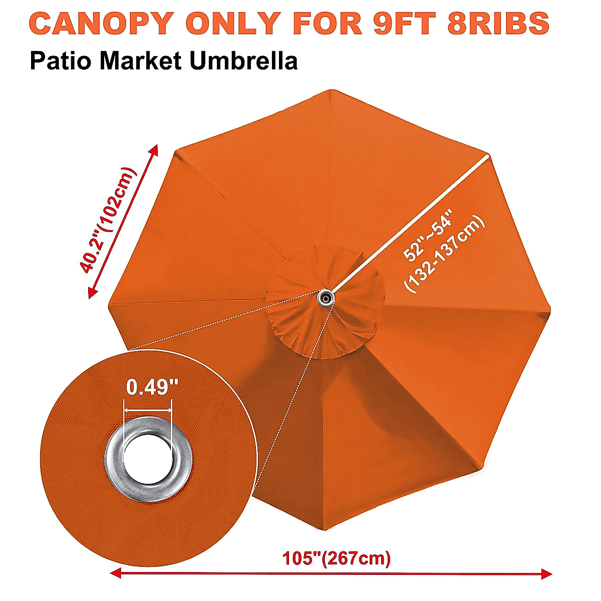 EliteShade USA 9FT Patio Umbrella Replacement Covers 8 Ribs Market Umbrella Canopy Cover (CANOPY ONLY) (Orange)