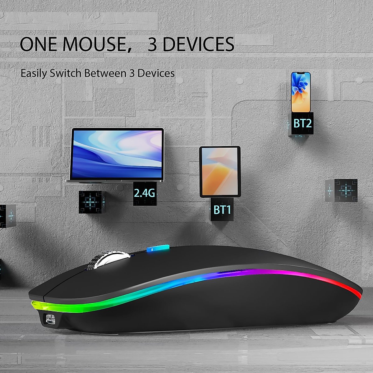 TENMOS Wireless Bluetooth Mouse, LED Slim Dual Mode (Bluetooth 5.1 + USB) 2.4GHz Rechargeable Silent Bluetooth Wireless Mouse with Type C Adapter for Laptop/Macbook/iPad OS 13 and above (Matte Black)