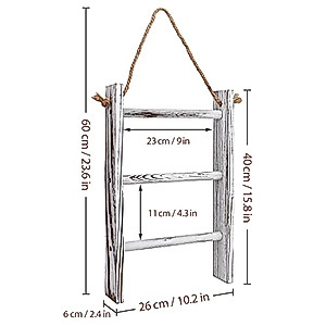 3-Tier Wood Tower Ladder Rack with Rope, Hanging Wooden Blanket Storage Organizer for Bathroom, Small Farmhouse Storage Shelf Rustic and Decorative