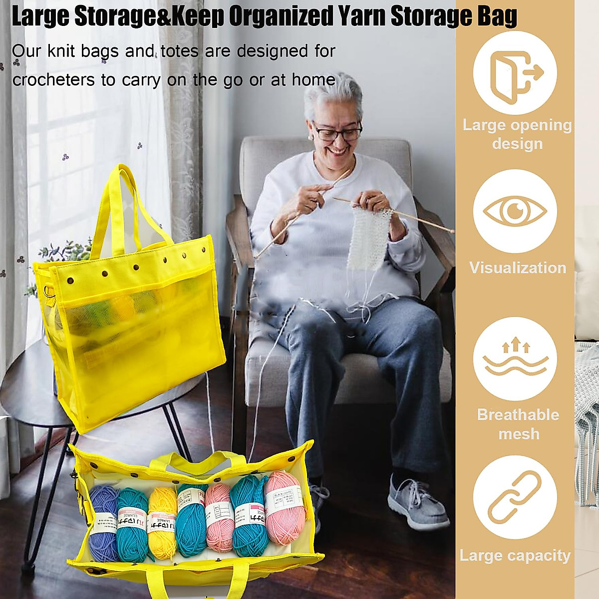 Knitting Bag Large Yarn Storage Organizer,Crochet Bags and Totes,Yarn Bags for Crocheting,Crochet Storage Bags for Crochet Hooks,Knitting Needles,Knit Bags for Crochet Lovers,Mother's Day Gift(Yellow)
