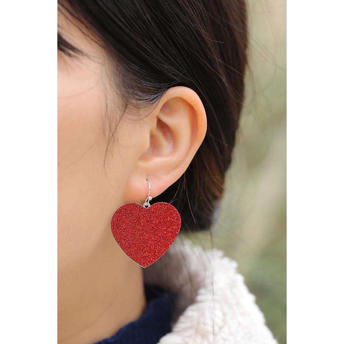 RareLove Valentines Gifts Bling Red Heart Hook Dangle Earrings Statement Jewelry For Women Silver Alloy Plated
