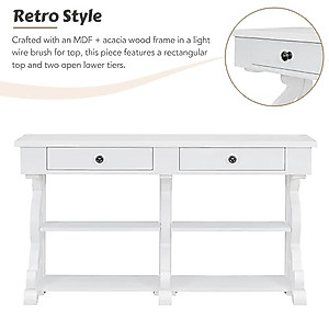 Rockjame Console Table, Retro Wood Sideboard with Ample Storage, Classic Accent Entryway Table with 2 Drawers and Open Adjustable Shelves for Entrance Dinning Room Living Room (Antique White)