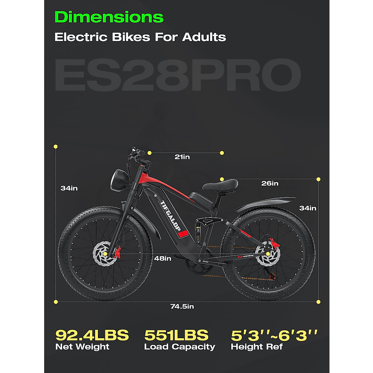 tifgalop Adult Electric Bike, 2000W Motor Maximum Speed 37MPH and 52V 22Ah Detachable Lithium Battery, Maximum Range 80km, 26 Inch Fat Tire Mountain Snow Beach Electric Bike