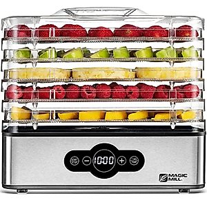 Magic Mill Food Dehydrator Machine | 5 Stackable Stainless Steel Trays Jerky Dryer with Digital Adjustable Timer and Temperature Control - Electric Food Preserver Machine with Powerful Drying Capacity for Fruits, Veggies, Meats & Dog Treats (5 Stainless S