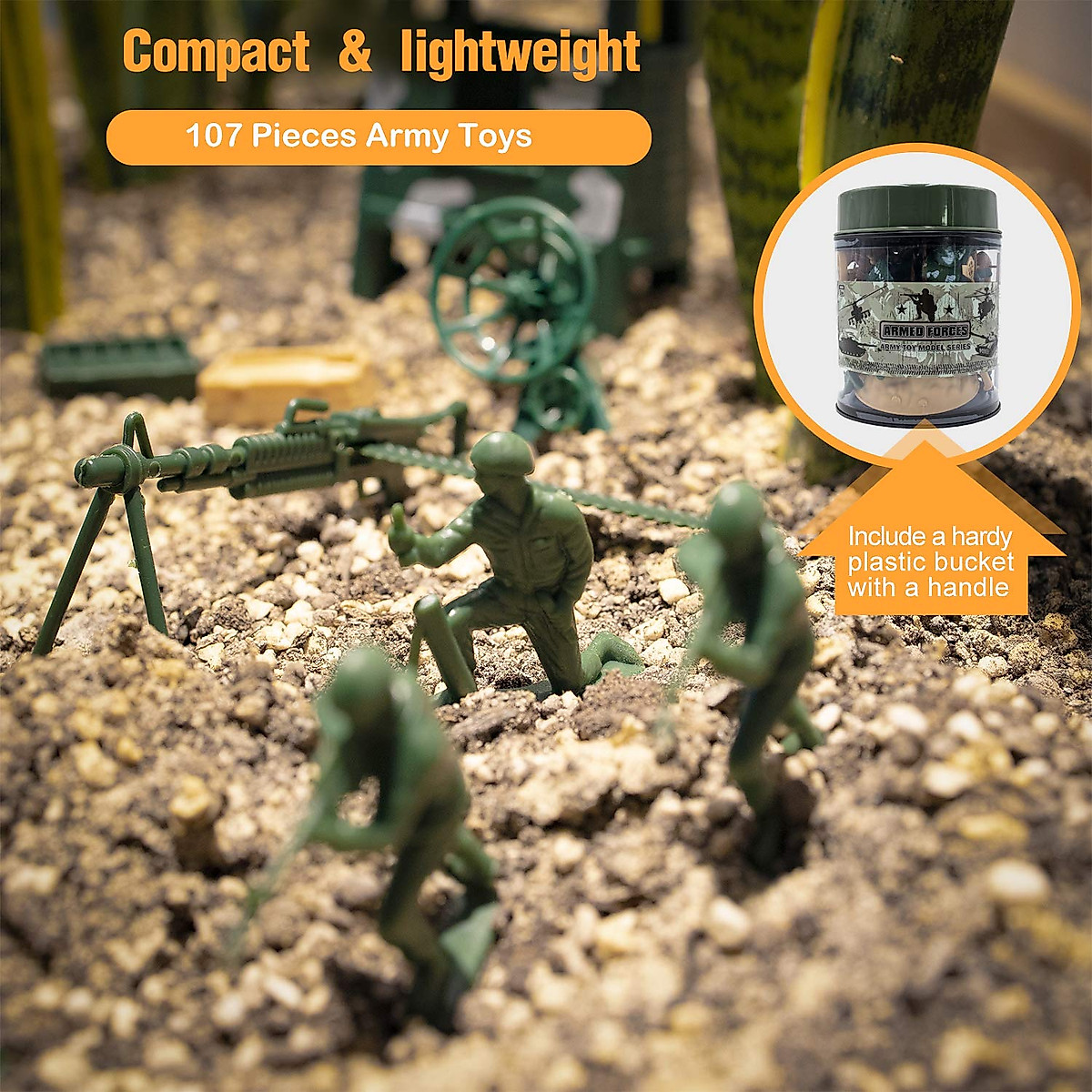 Hautton Toy Army Men Set, 107 PCS Plastic Military Action Figures Combat Battle Playset Bucket with Soldiers, Tank, Plane, Helicopter, Flag, Fence, and Battlefield Gift for Boys Kids Children